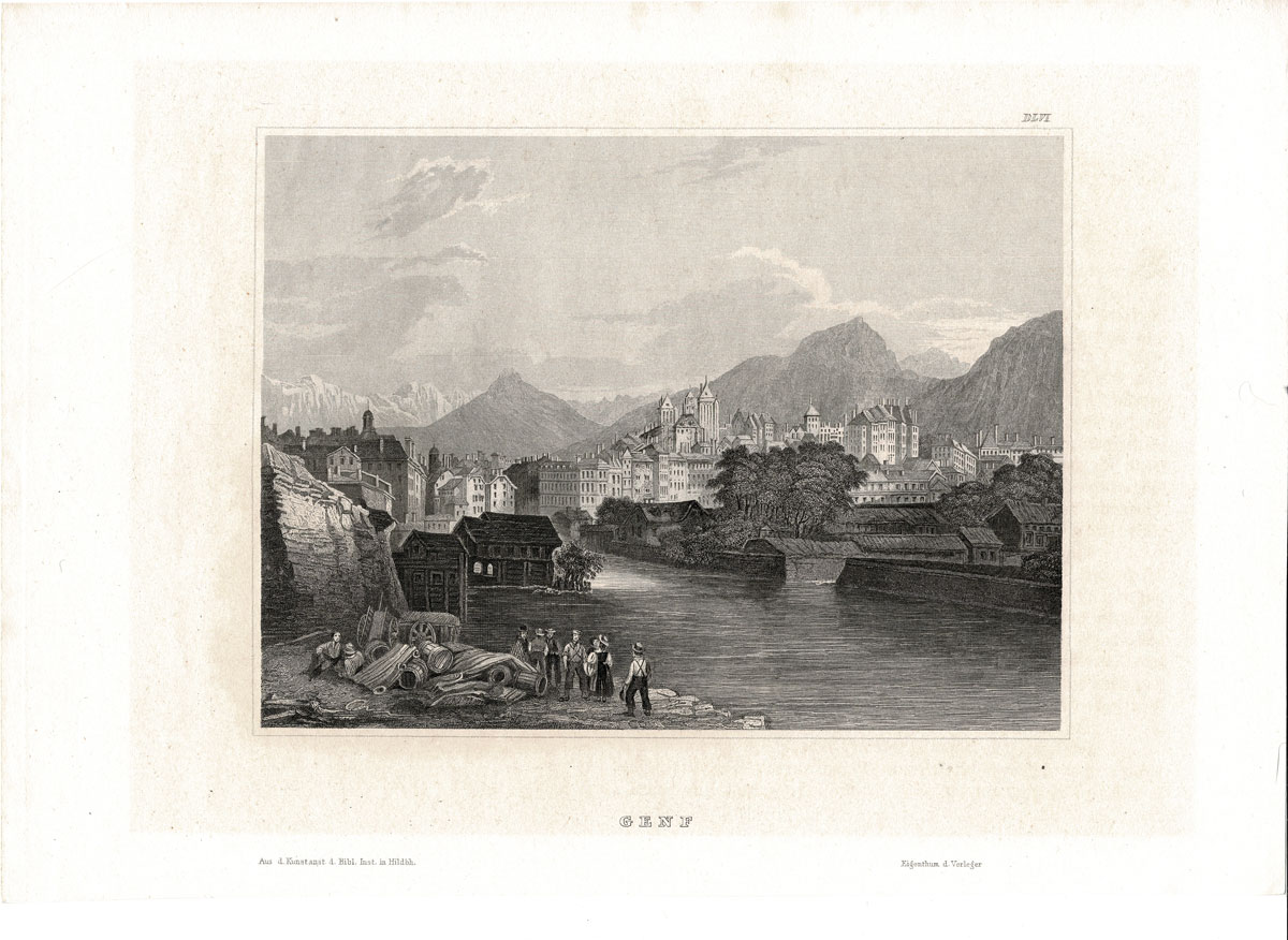 19th Century Steelplate Engraving of Geneva - Village Antiques