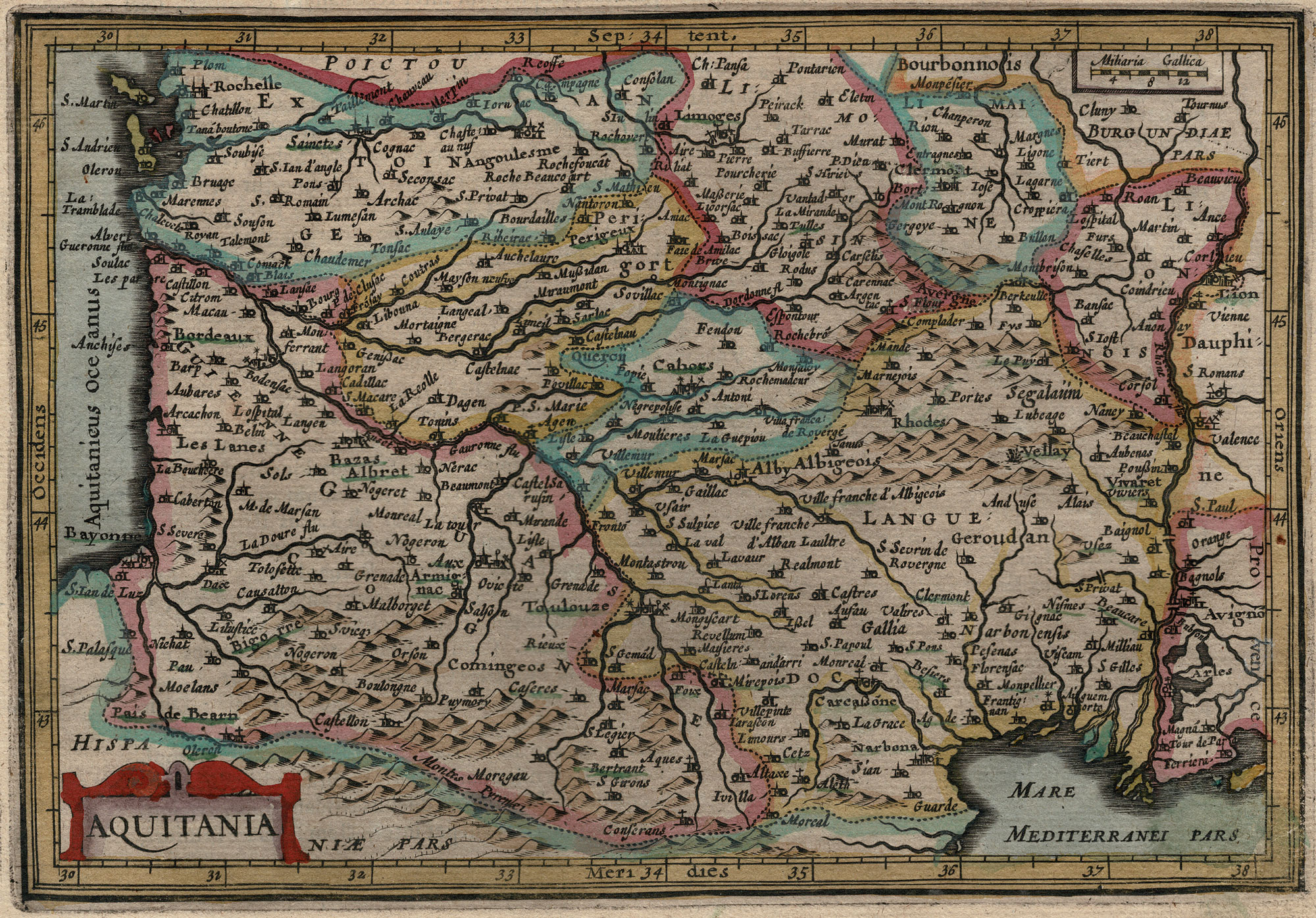 Antique Map of Aquitania - Jansson / Mercator Atlas Minor - Village ...
