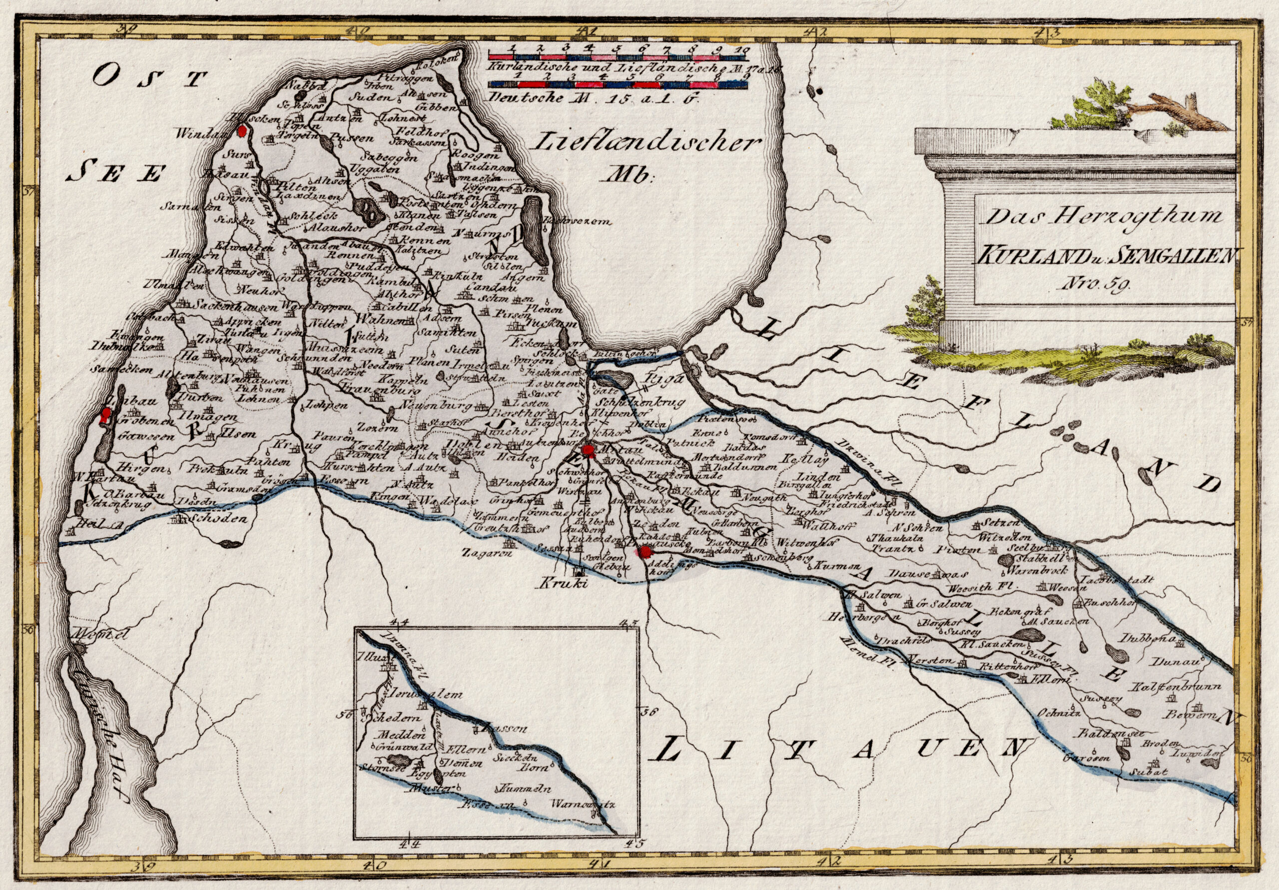 Antique Map of Latvia: Das Herzogthum Kurland und Semgallen, Von Reilly ...